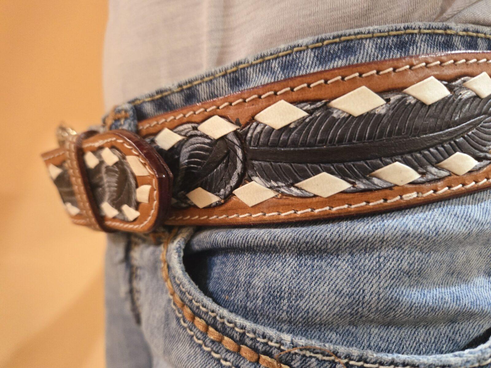 Leather Belt - Silver Feather Western Belt With Intricate Buckstitch ...