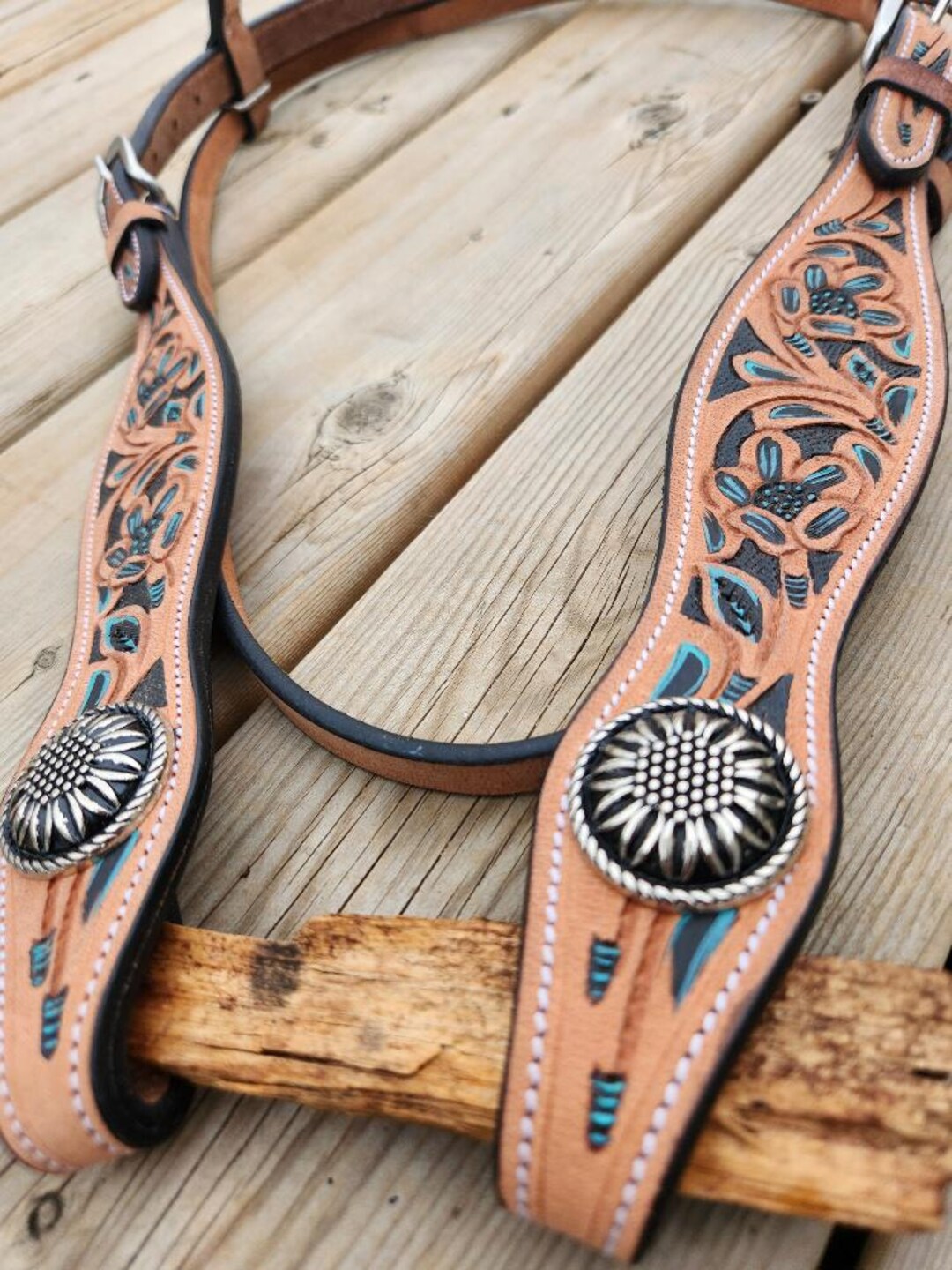 Turquoise Breeze Headstall - One Ear Hand Tooled and Painted- With ...
