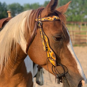 Sunflower Browband Headstall- Yellow Sunflowers- Hand Carved, Hand ...