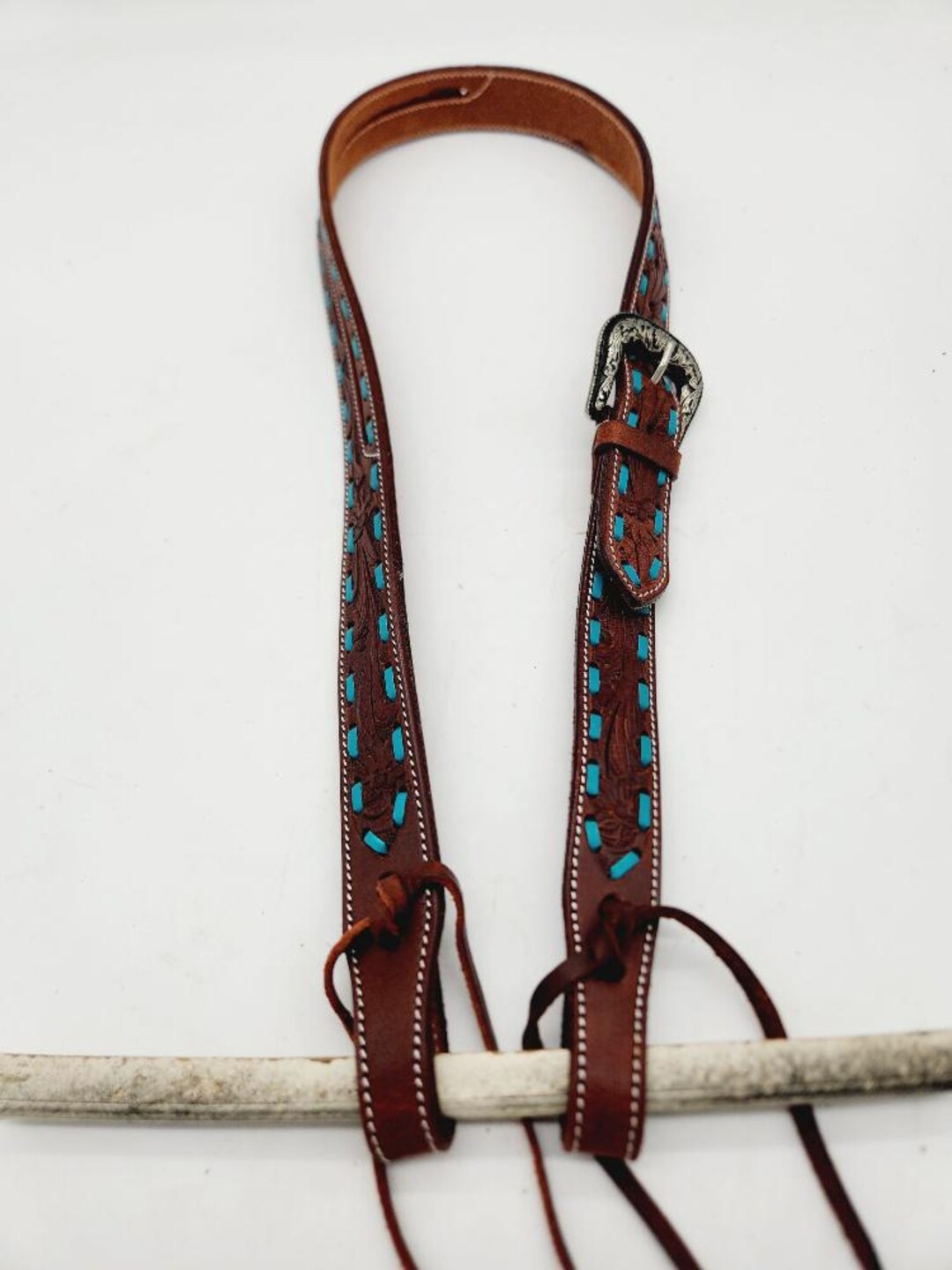 Turquoise Belt Style Split Ear Headstall With Tooling- Split Ear- Full ...