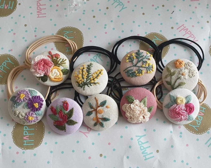 Ready to Ship: Embroidered Button Hair Tie/ Elastic - Handmade, Hair ...