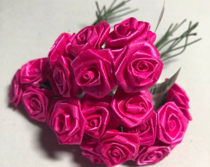 48 Mini Satin Ribbon Roses in Bunch Fuchsia Ribbon Rose Flowers Wedding ...
