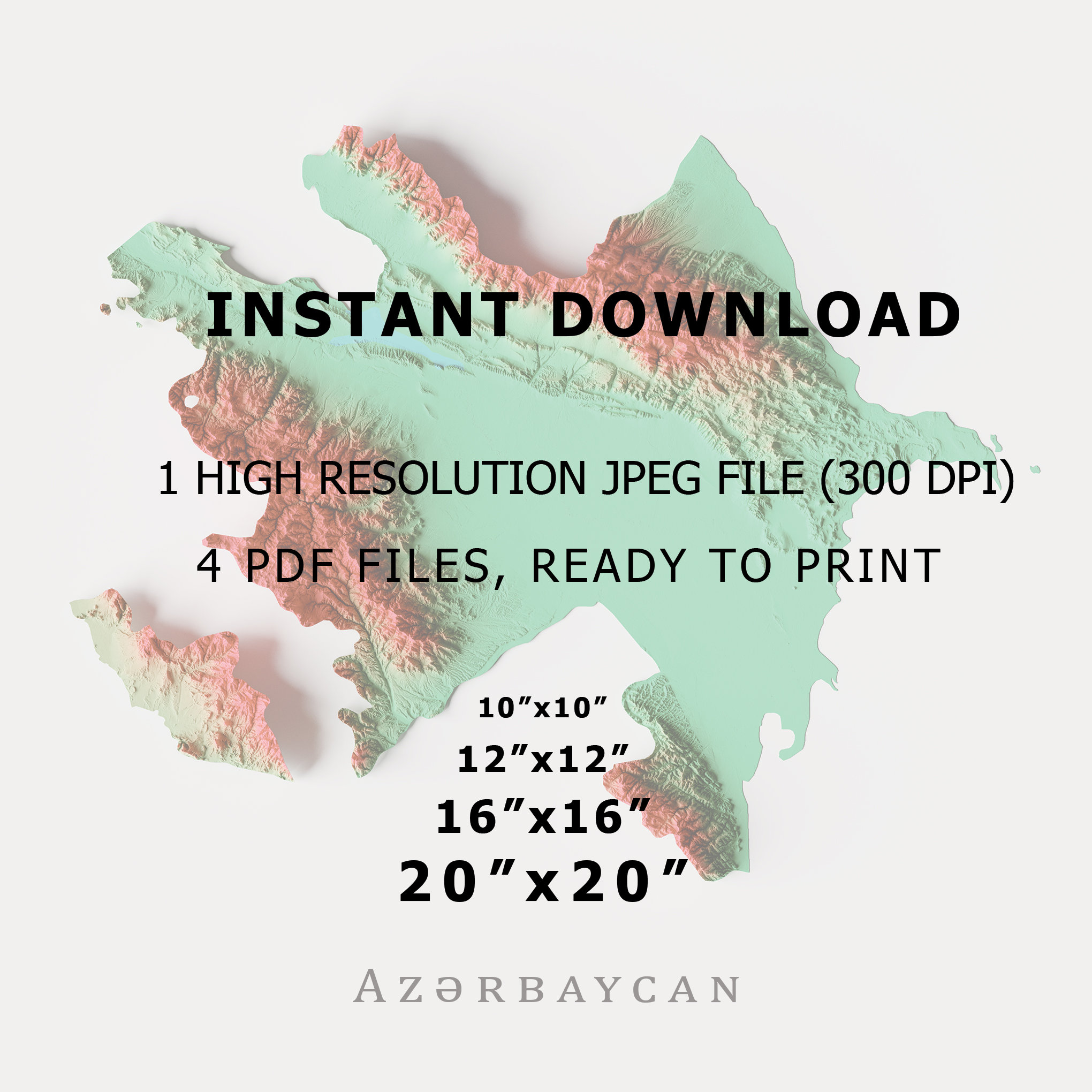 Azerbaijan Relief Map | Printable Decor - Etsy