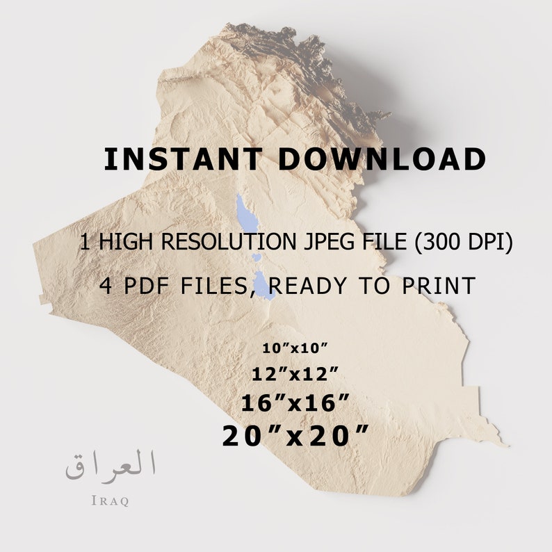 Iraq Relief Map Printable Decor - Etsy