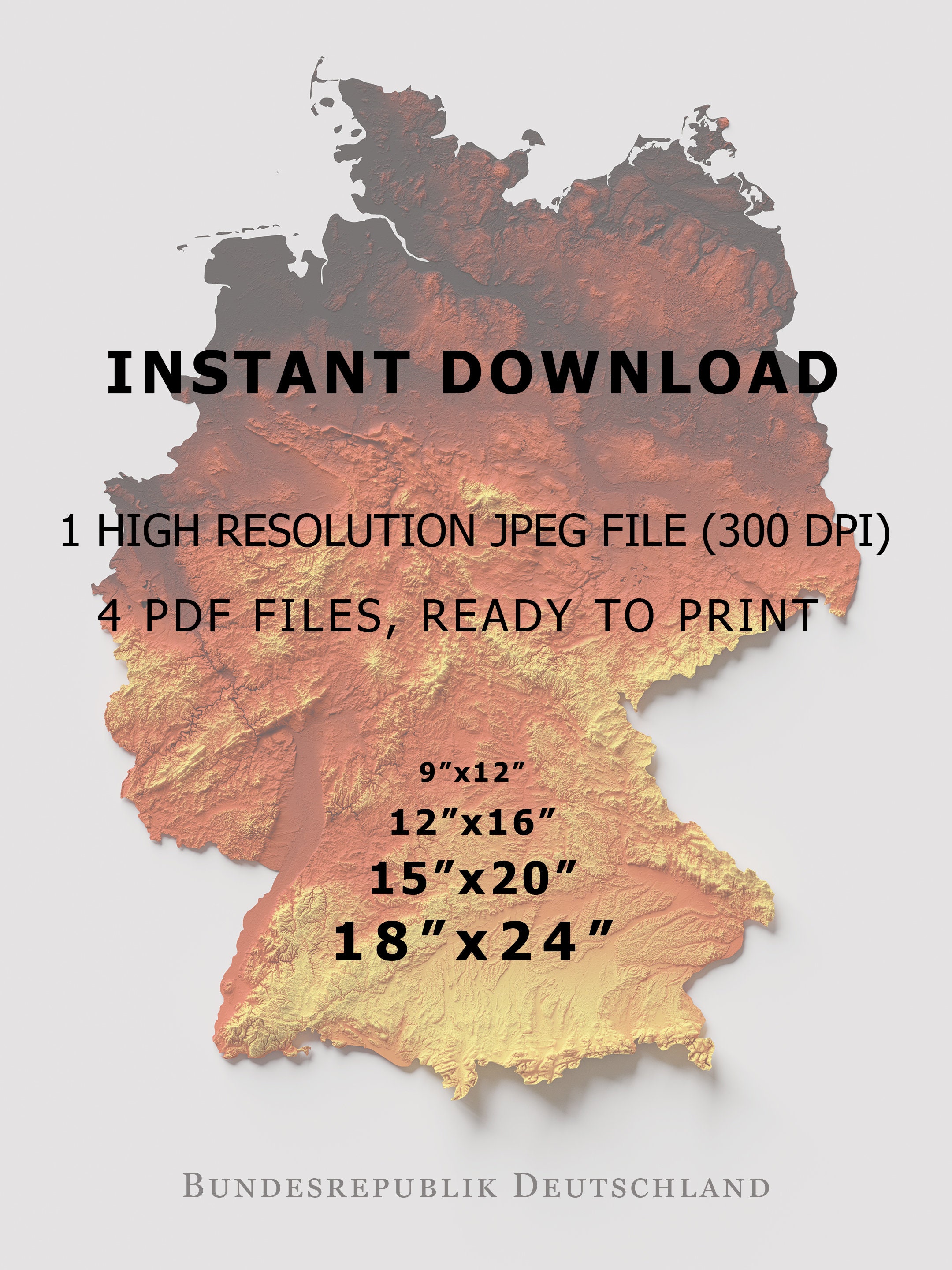Germany Relief Map Printable Decor - Etsy