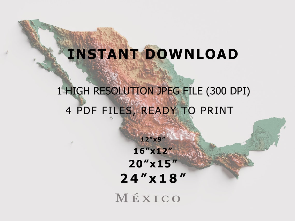 Mexico Relief Map Printable Decor - Etsy