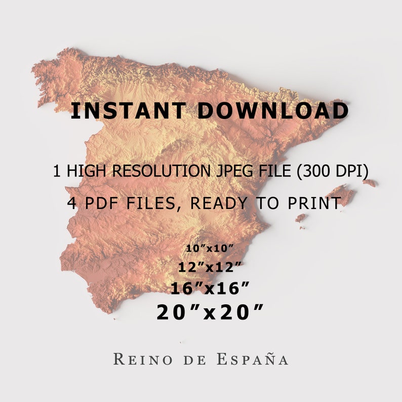 Spain Relief Map Printable Decor - Etsy