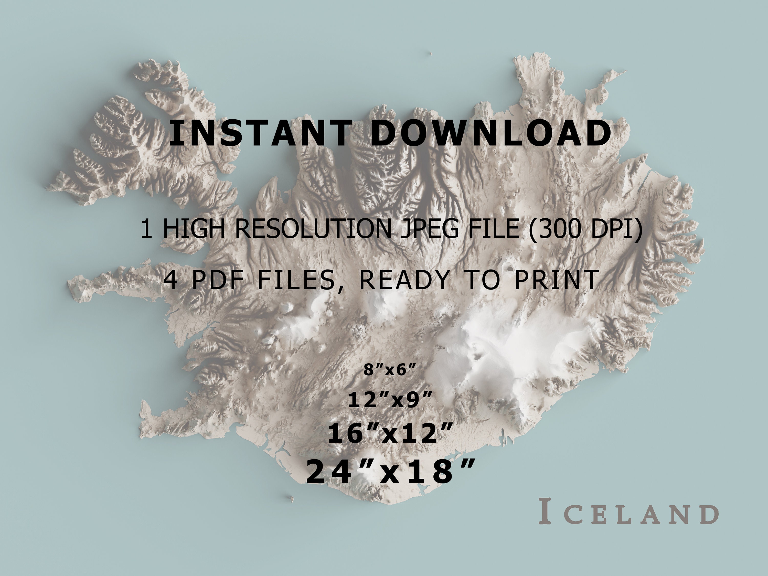 Iceland Relief Map Printable Decor - Etsy