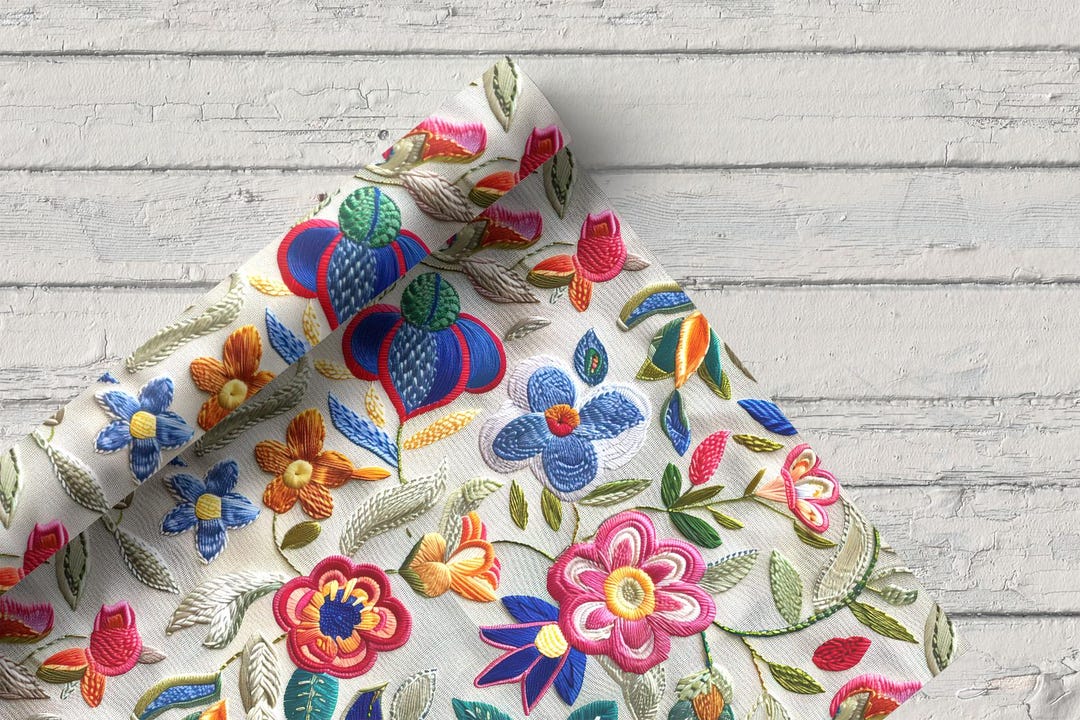 Floral Fabric: Embroidered-effect Colorful Flowers, Vintage Style - Etsy