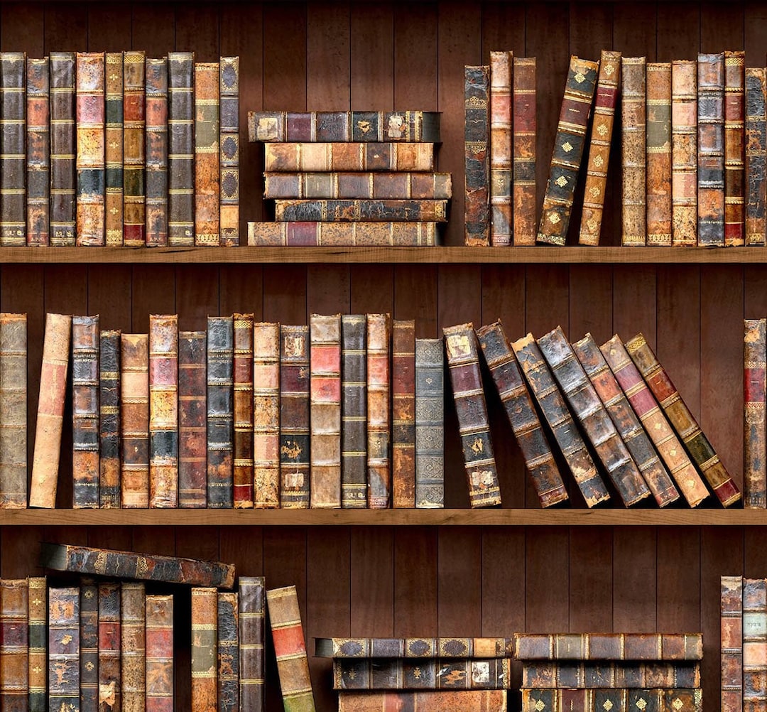 Retro Bookshelf Fabric: 1950s Library Print Polyester Fabric by the ...