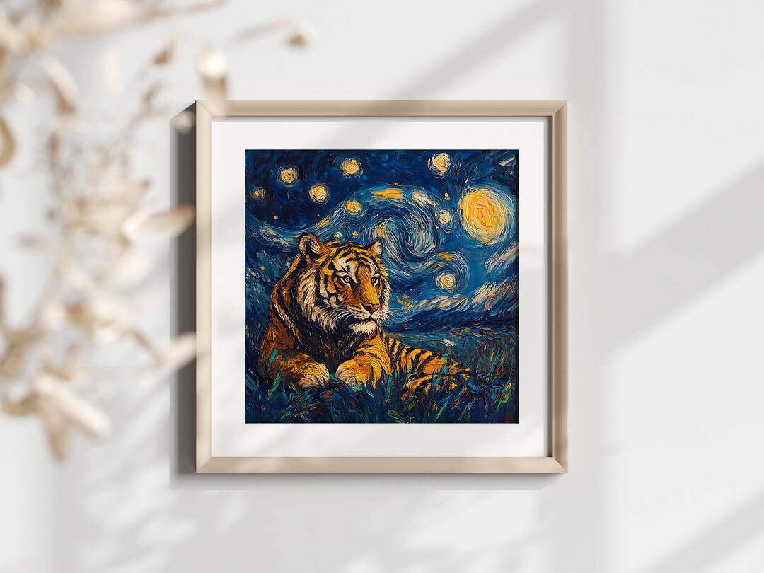 Van Gogh Tiger Fabric Panel: Starry Night Style, Digital Print - Etsy
