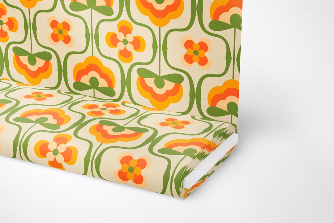 Retro Orange Green Flower Fabric – Vintage Style Digital Print on ...