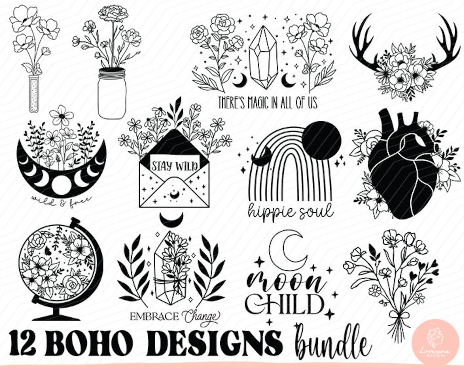 Boho SVG Bundle, Celestial Moon, Wildflower Designs (digital Download ...