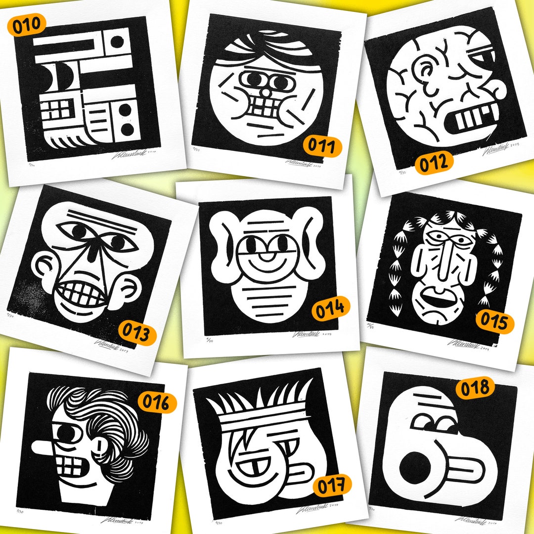 SQUARE FACES / 010 - 018 / Modern Woodcut Print / 20 Cm X 20 Cm ...