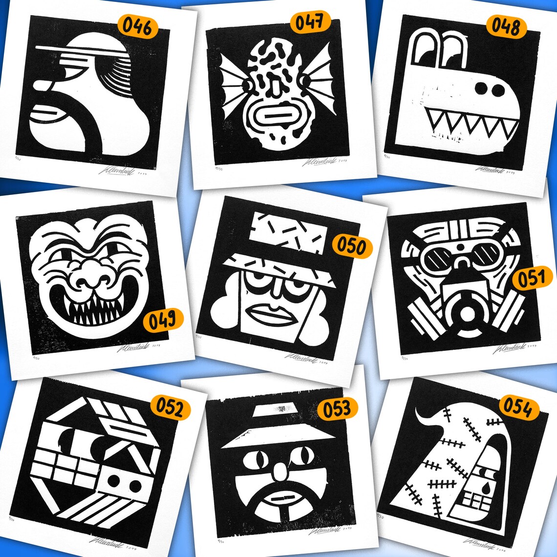 SQUARE FACES / 046 - 054 / Woodcut - Etsy