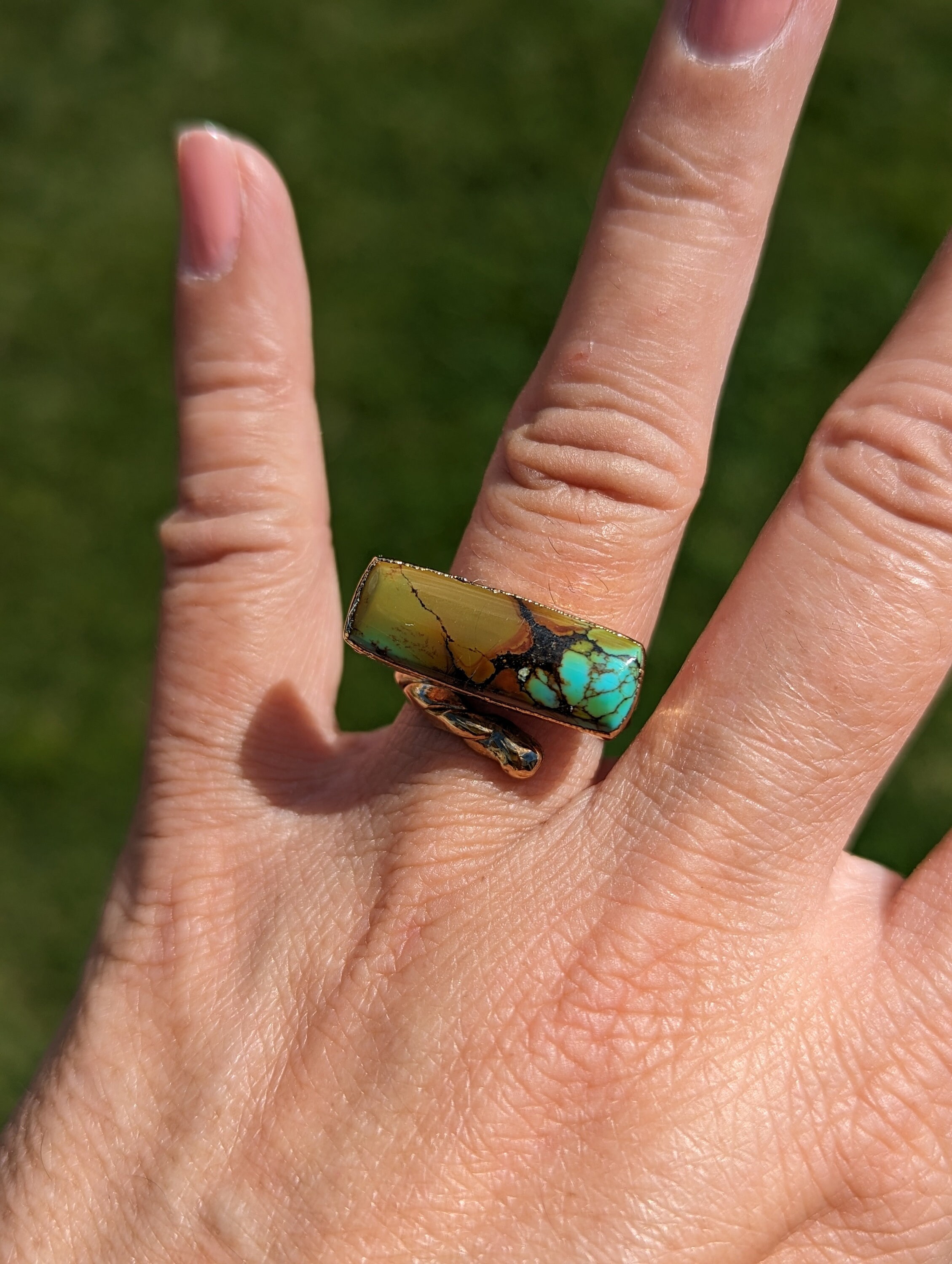 Qingu One of a Kind Electroformed Rectangle Turquoise Bar and Gold Ring ...