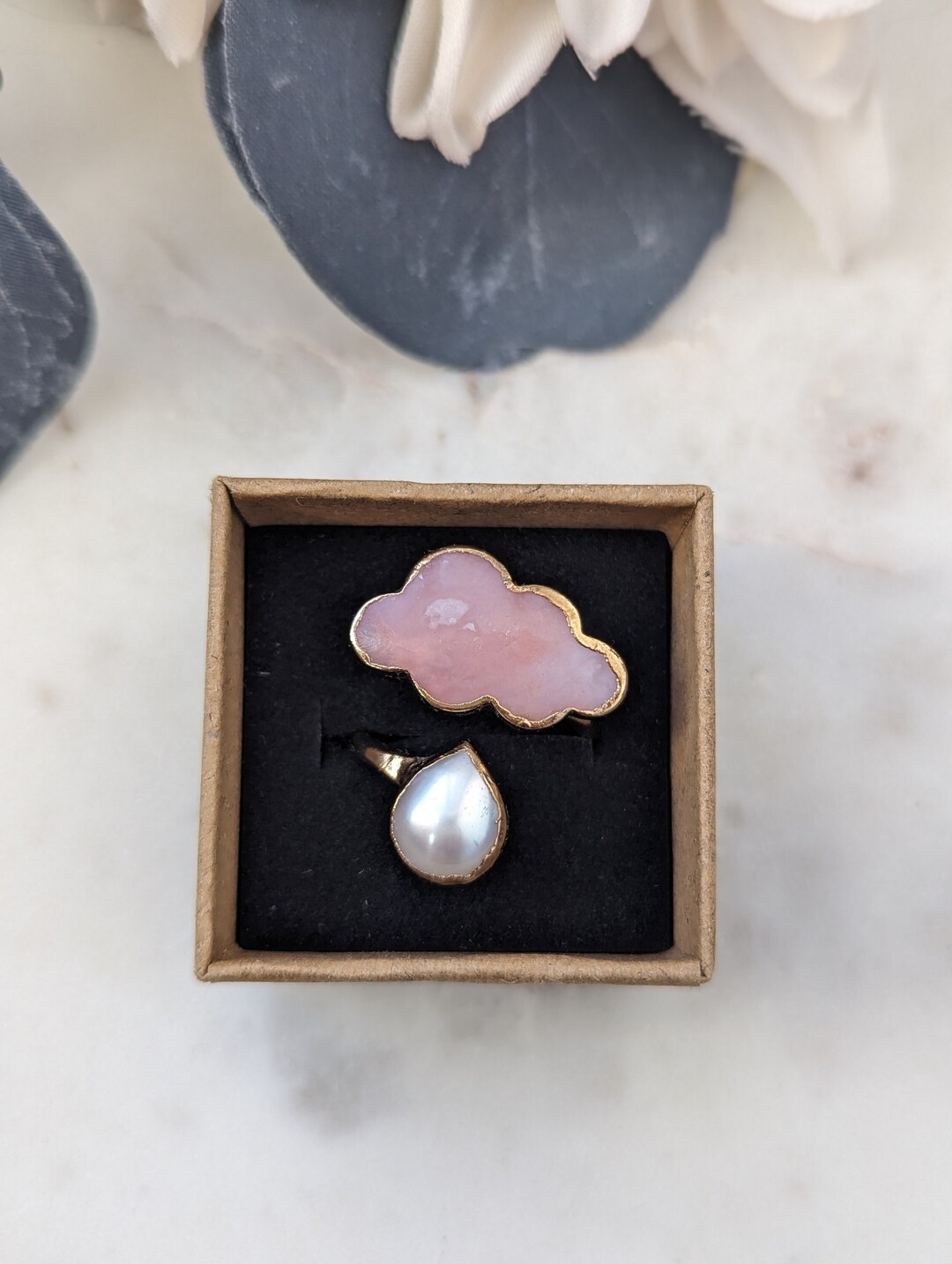 Pink Peruvian Opal Cloud and Freshwater Pearl Raindrop Ring Size 6.5 - Etsy