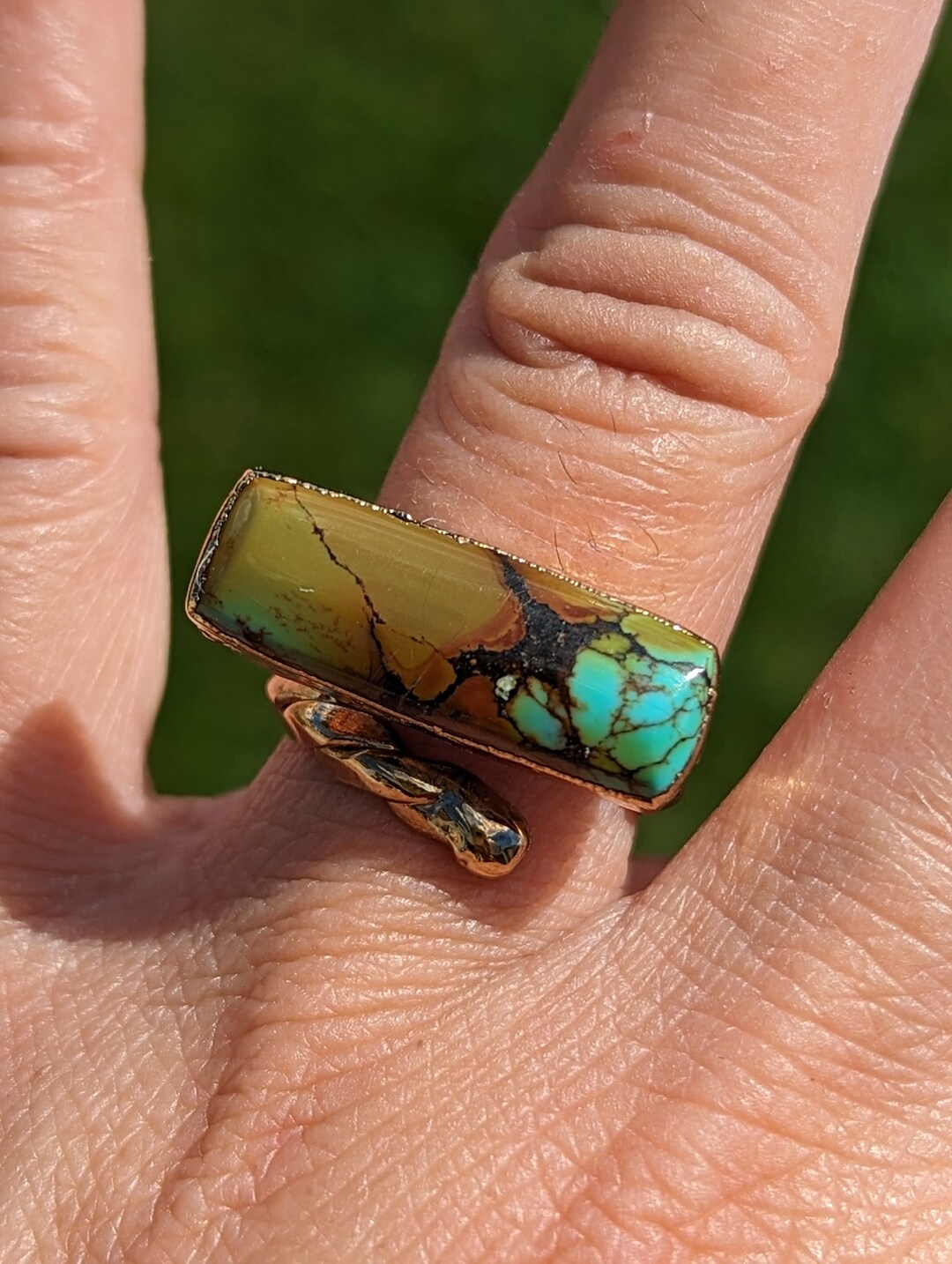 Qingu One of a Kind Electroformed Rectangle Turquoise Bar and Gold Ring ...