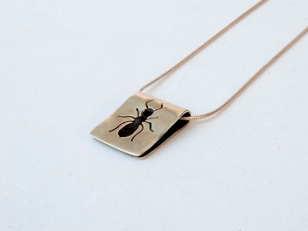Silver Ant Necklace , Black Insect Silver Pendant , Black Ant Folded ...