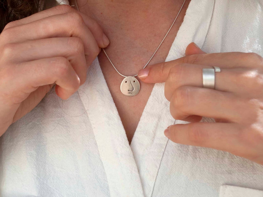 Silver Face Necklace , Round Face Pendant Necklace , Minimalist Face ...
