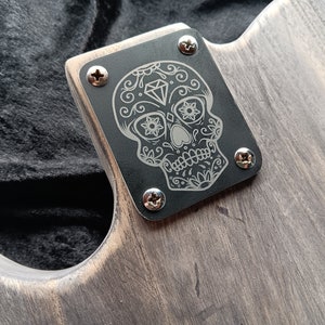 Laser Engraved Guitar Neck Plate in Satin Black Anodised Aluminium and ...