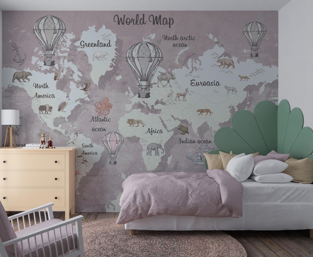 Educational World Map Wallpaper: Kids' Room Animal Atlas Mural, Girls ...