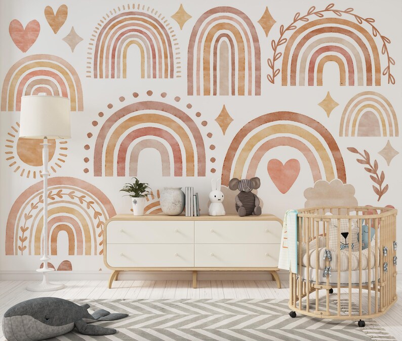 Neutral Rainbow Wallpaper, Peel and Stick Removable, Baby Nursery Wall ...