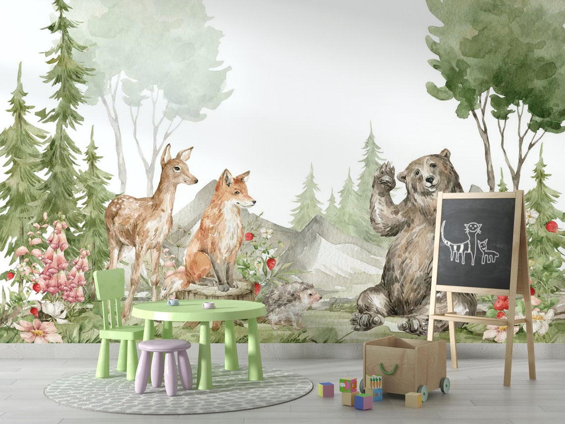 Woodland Wallpaper Forest Wallpaper Forest Mural Kids Animal - Etsy