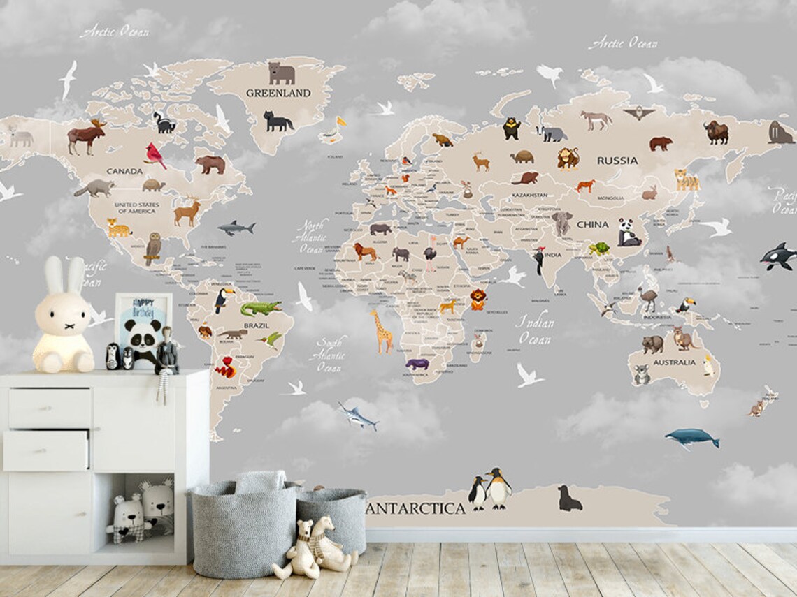 Kids World Map Animal Wallpaper: Peel Stick Gray, Kids Bedroom Nursery ...