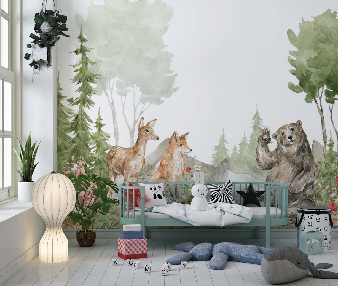 Woodland Wallpaper Forest Wallpaper Forest Mural Kids Animal - Etsy