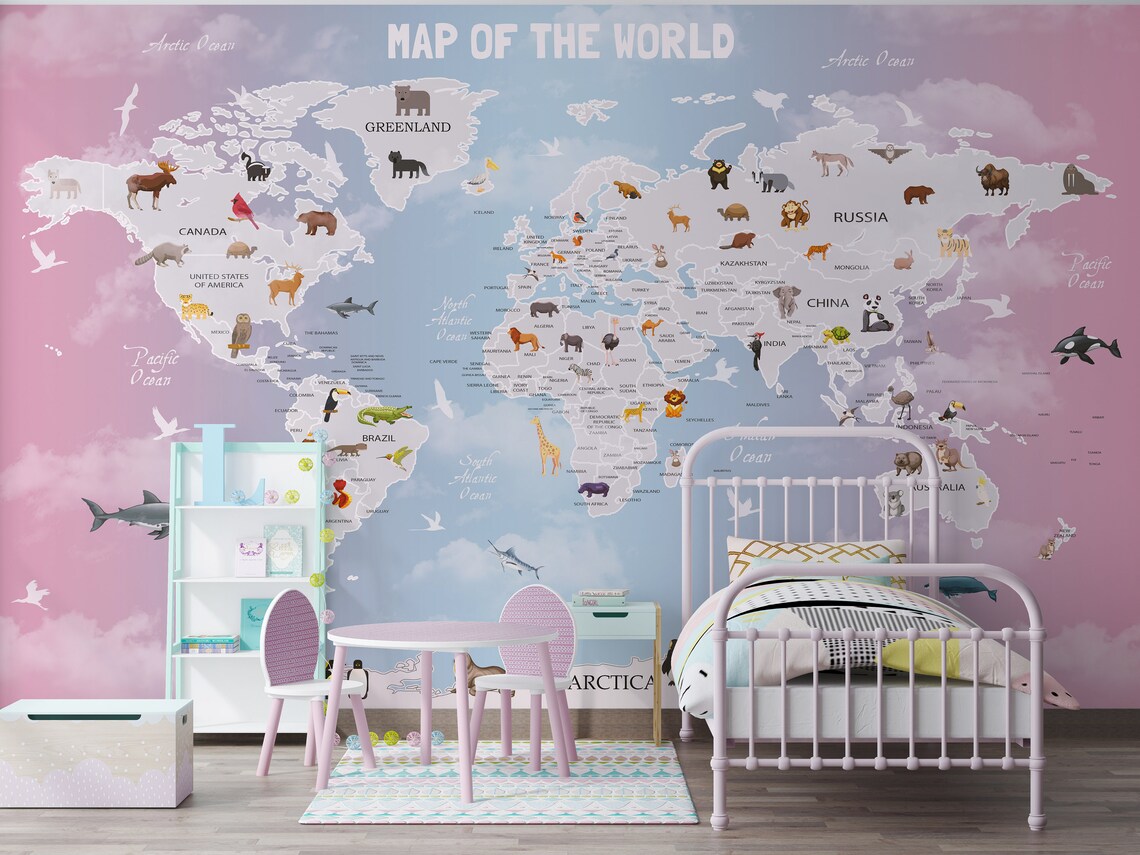 Kids Map Wallpaper Peel and Stick Political World Map - Etsy