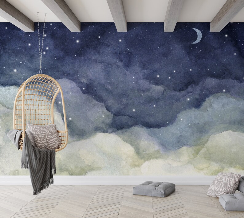 Night Sky Repositionable Wallpaper, Stars and Moon Wall Design, Peel ...