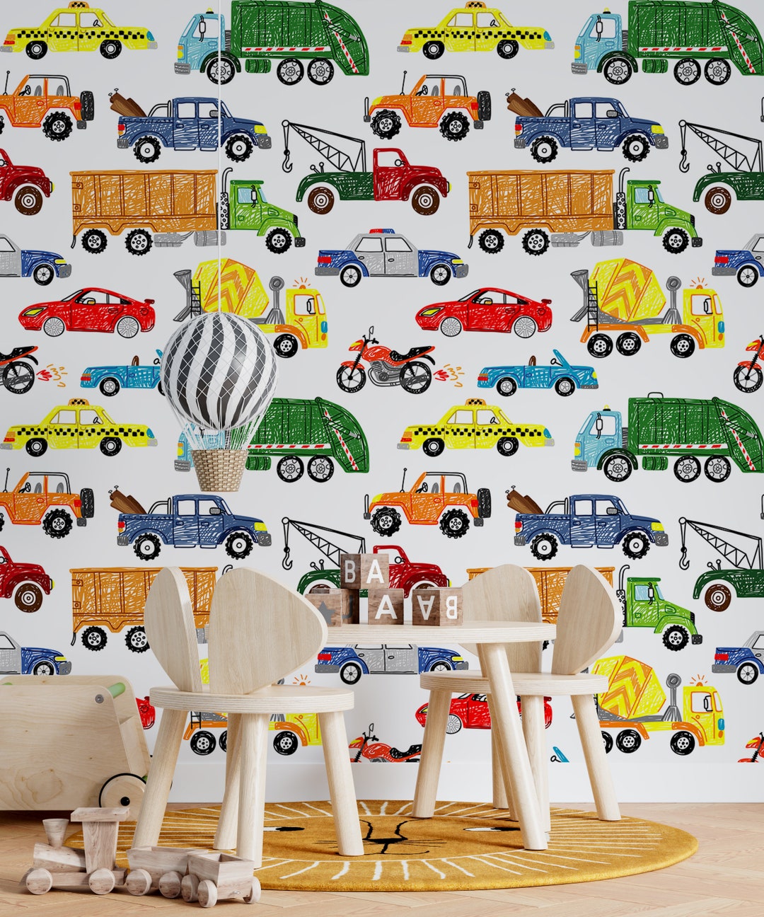 Transport Nursery Wallpaper, Rainbow Color Car and Road Boys Room Wall ...