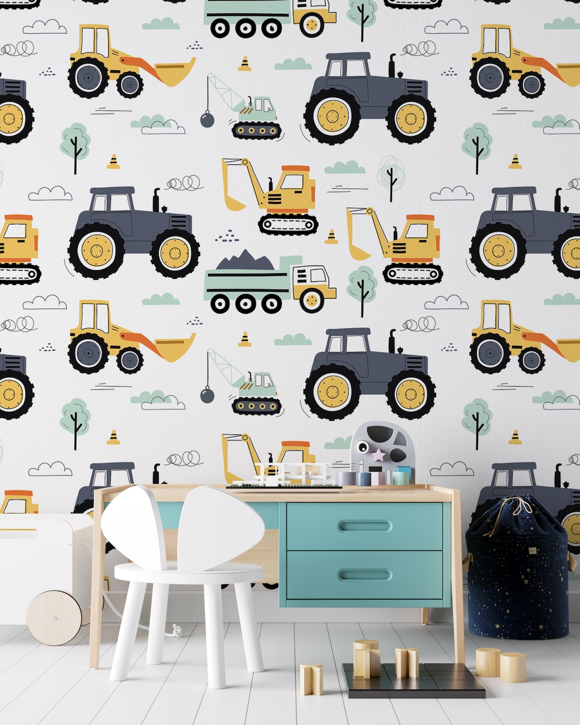 Wallpaper for Boys With Excavators and Cranes, Nursery Wall Mural, Peel ...