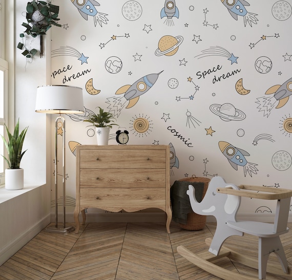 Space Kids Wallpaper Moon Star Galaxy Sky Nursery Cartoon - Etsy