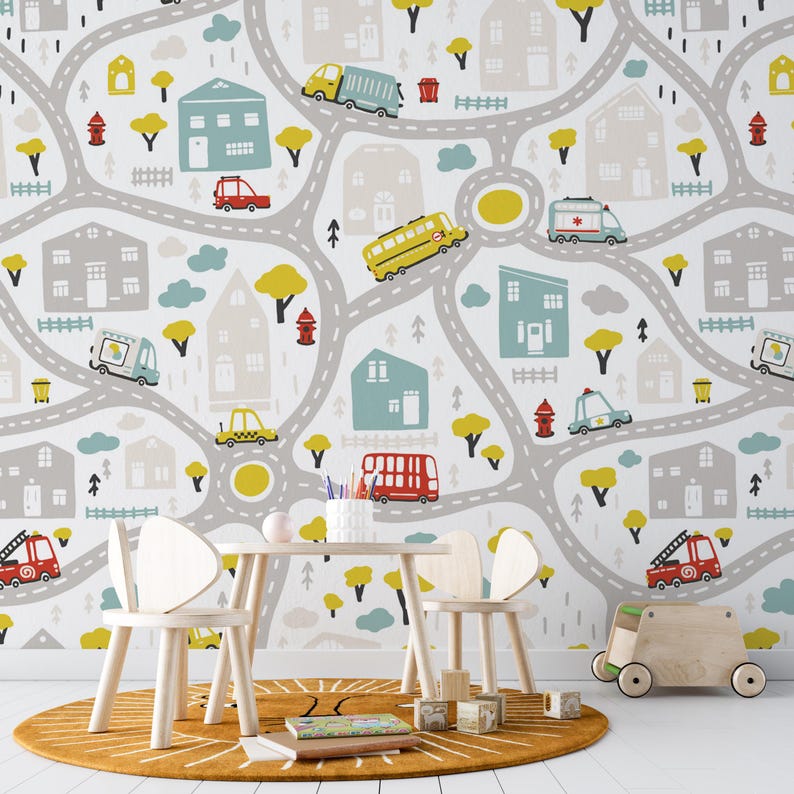 Cartoon Cars and Transport Wallpaper: Playful Kids Room Mural ...