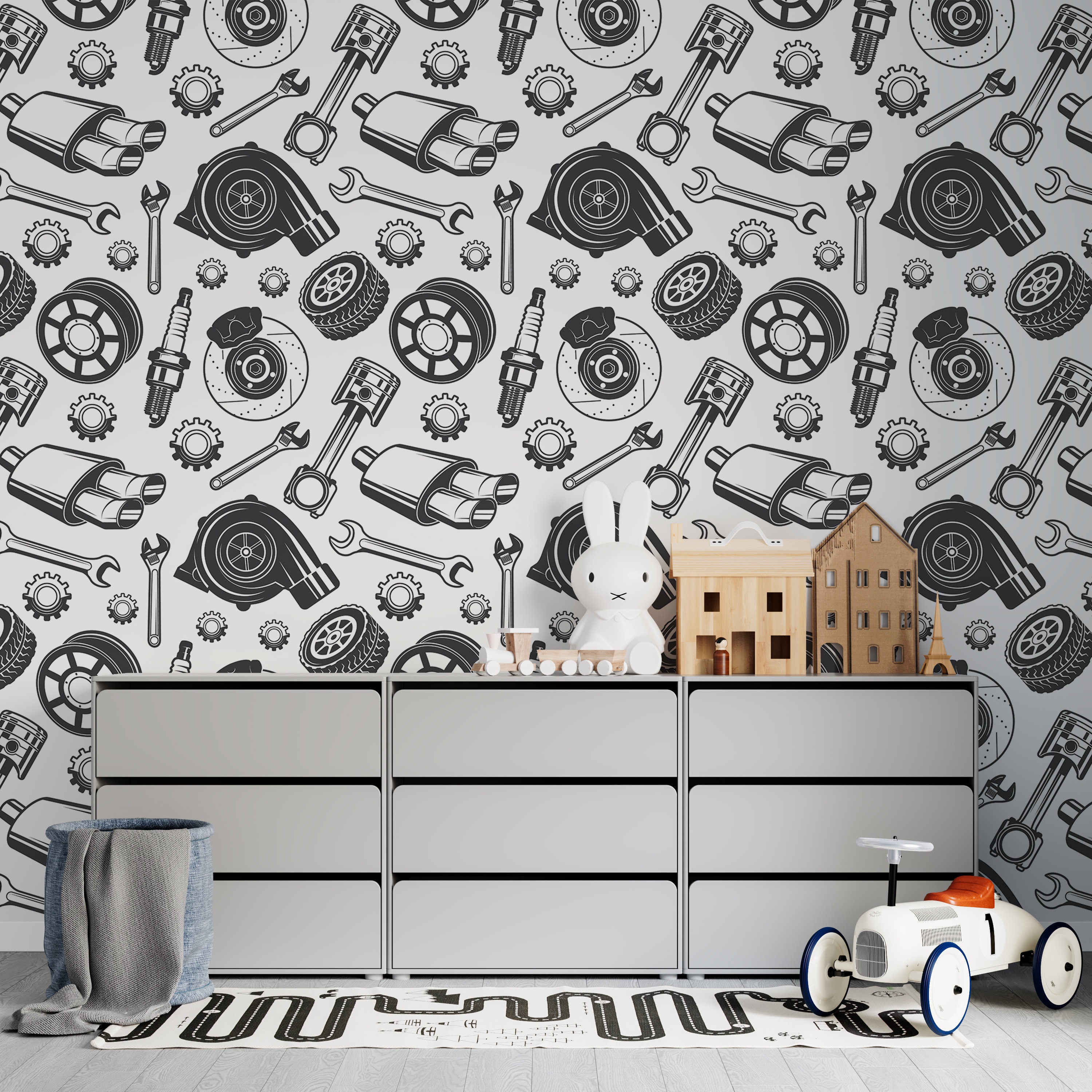 Car Mechanic Tools Peel & Stick Wallpaper, Car Parts Wallpaper ...