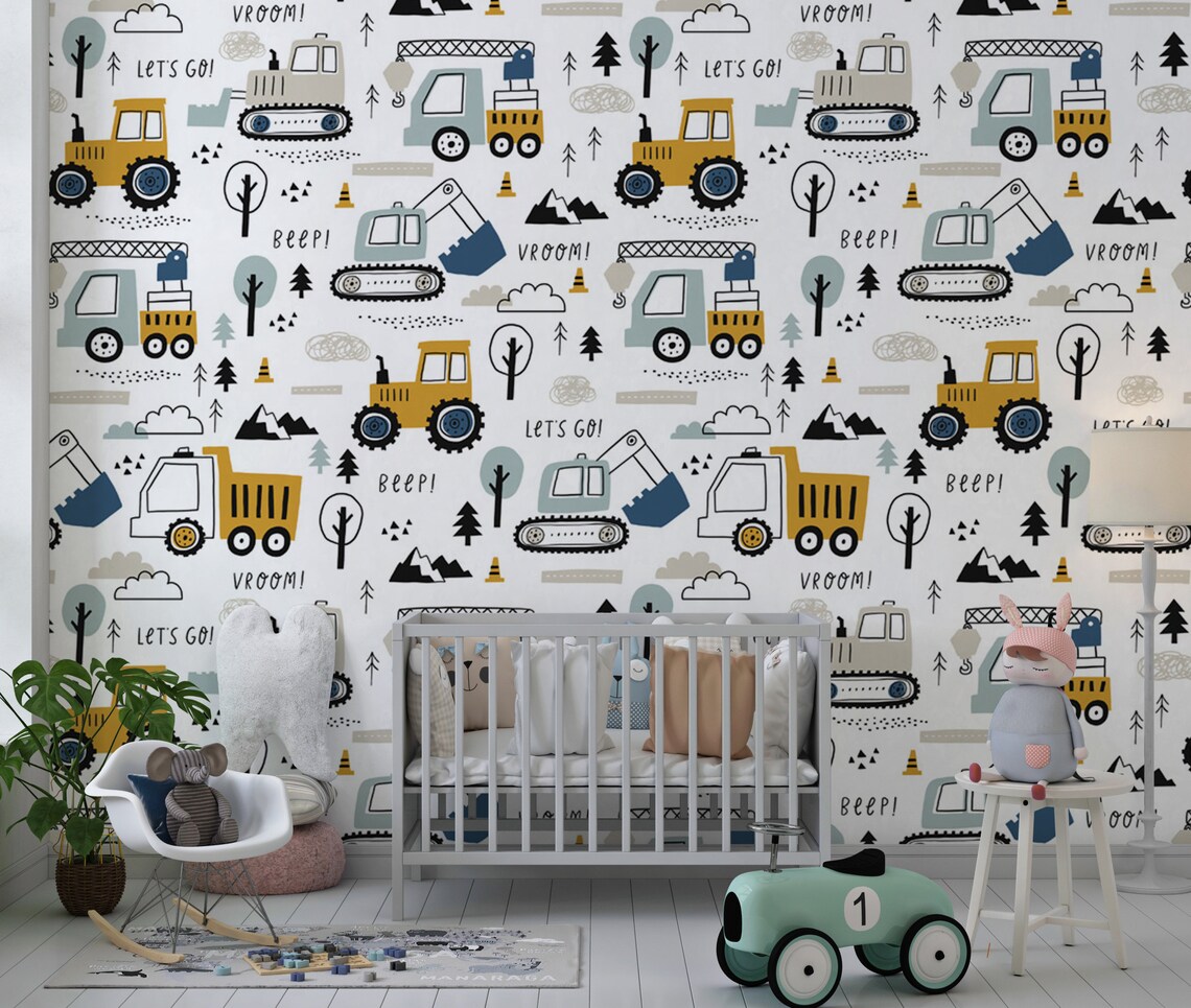 Wallpaper for Boys With Excavators and Cranes Nursery Wall - Etsy
