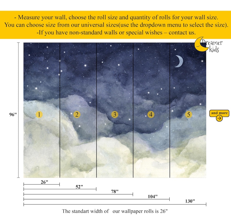 Night Sky Repositionable Wallpaper, Stars and Moon Wall Design, Peel ...