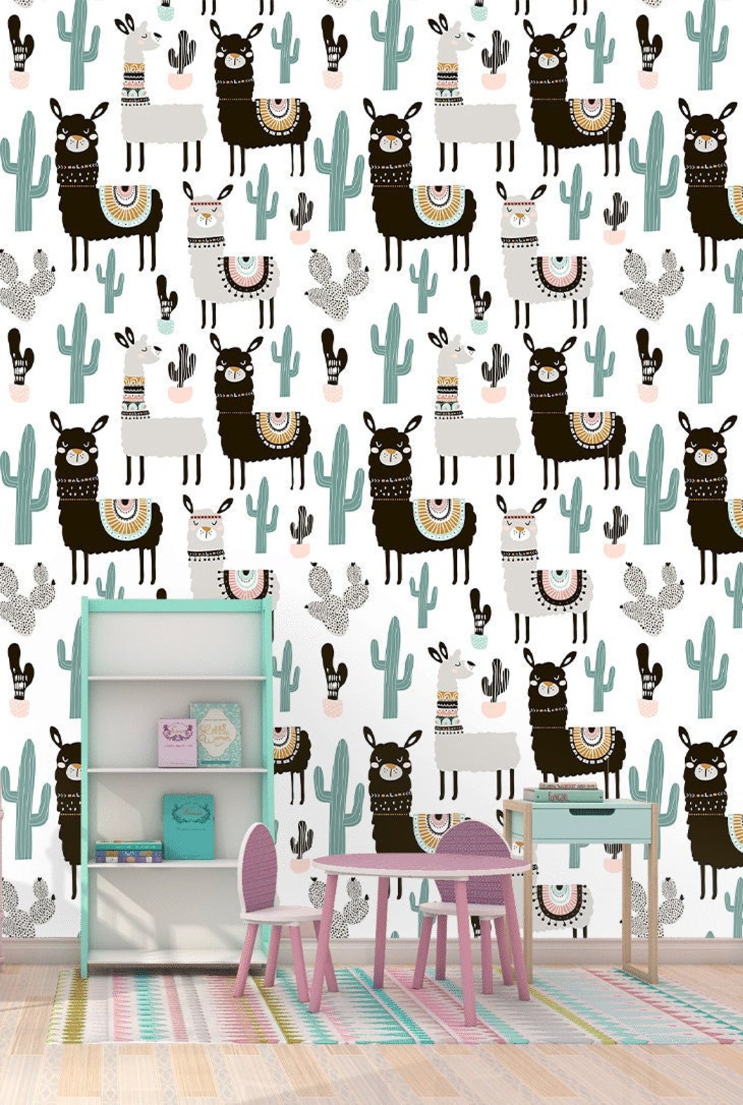 Cactus Llamas Wallpaper Lama Removable Watercolor Decal Peel and Stick ...