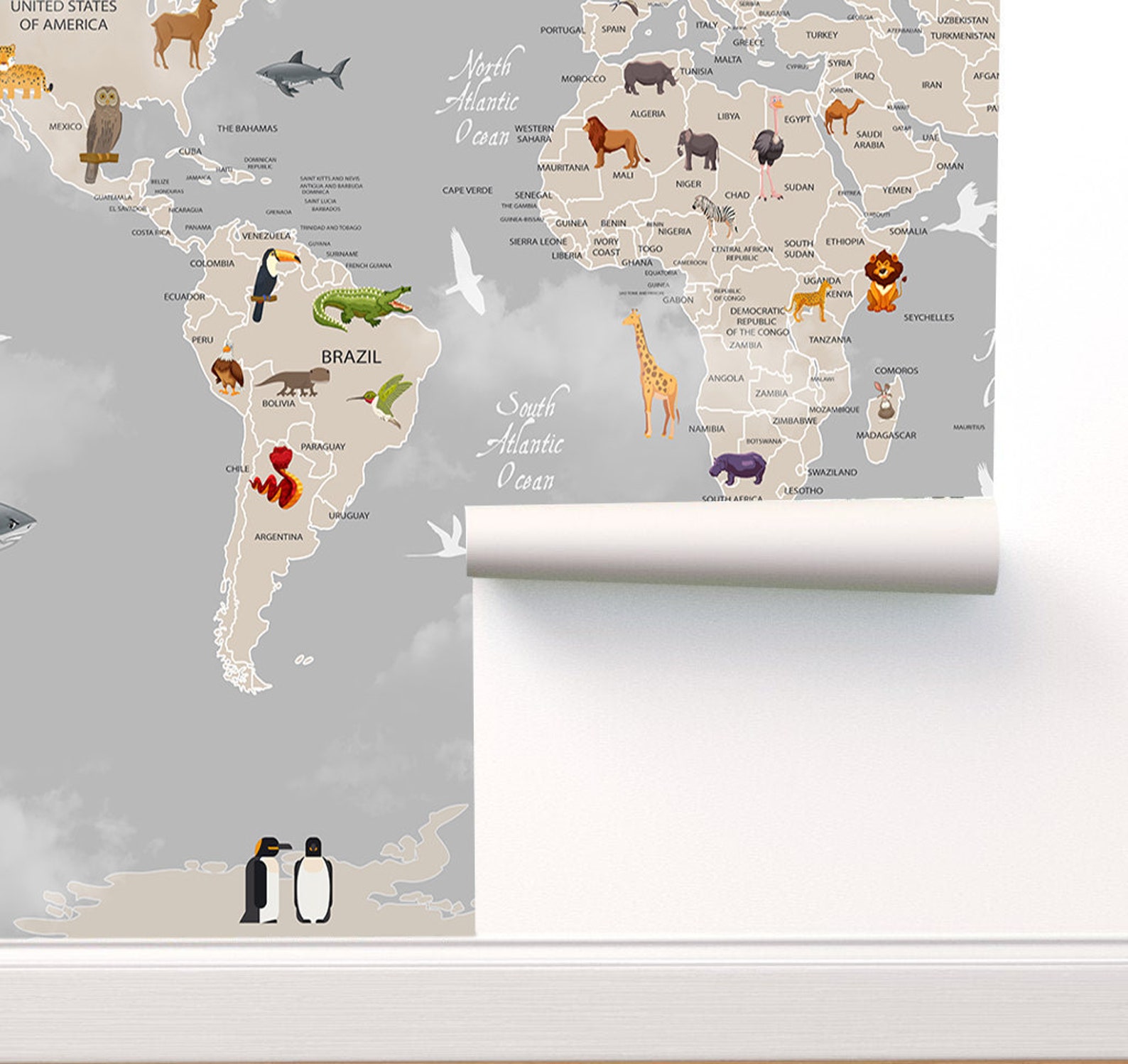 Kids World Map Animal Wallpaper: Peel Stick Gray, Kids Bedroom Nursery ...