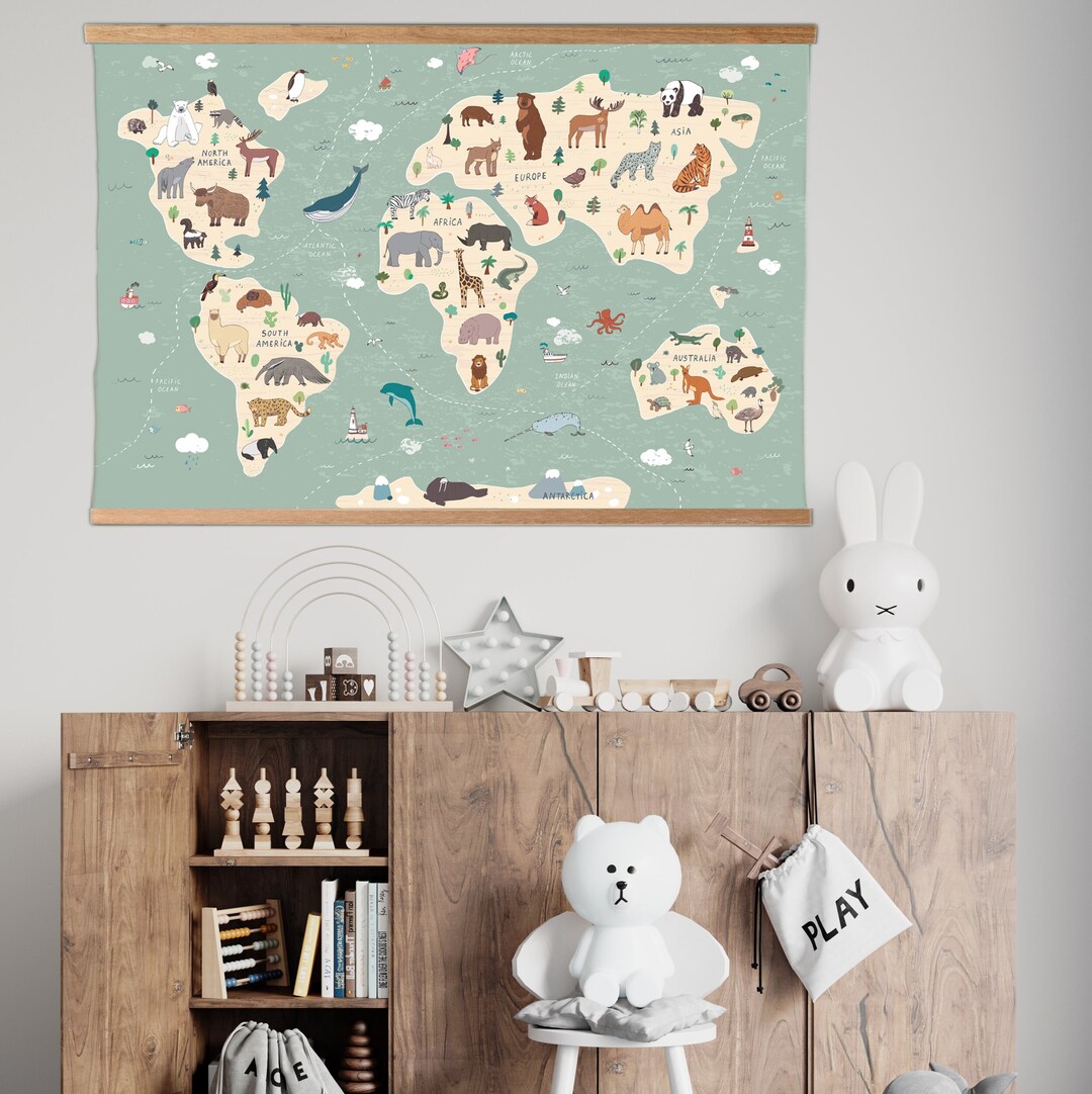 Kids World Map Posterworld Animal Map Kids Room Art, Nursery Art, Kids ...