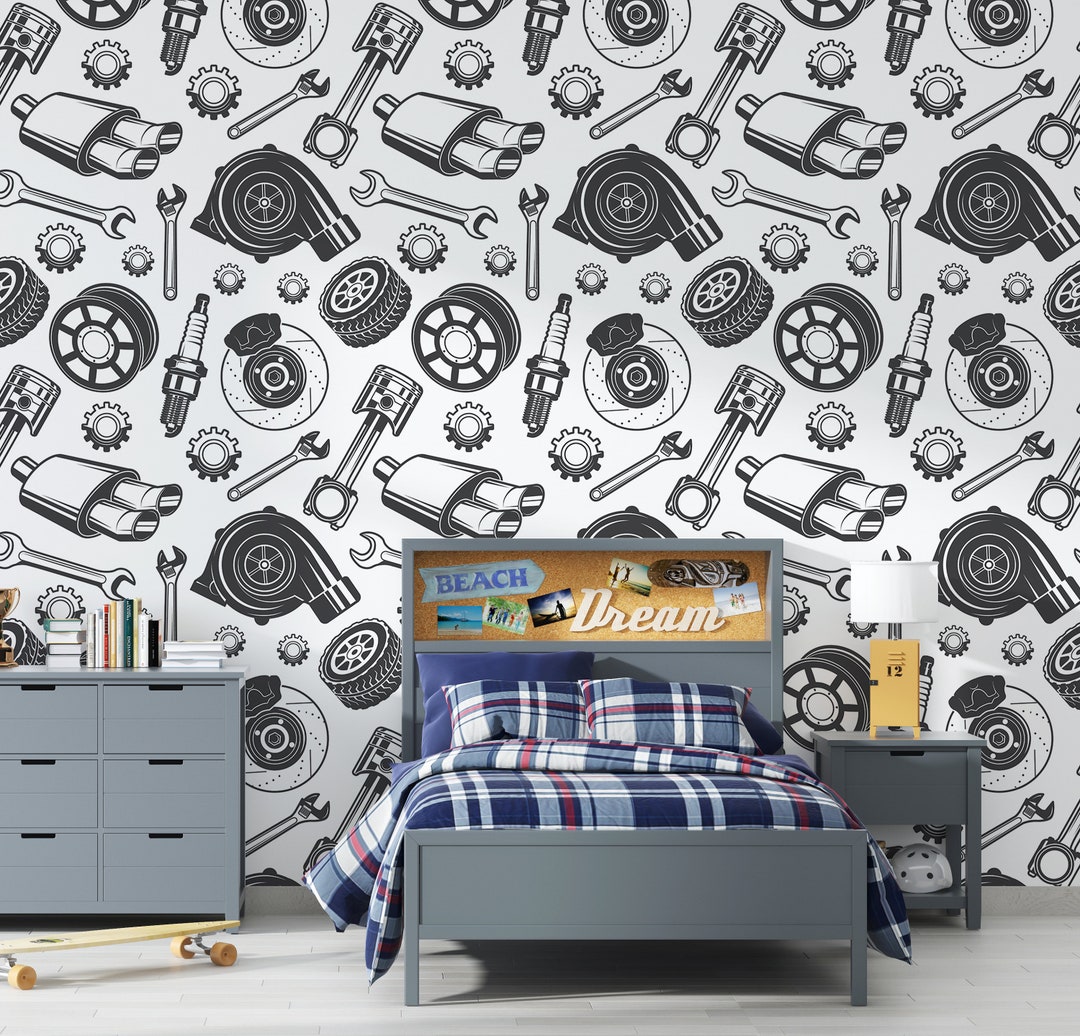 Car Mechanic Tools Peel & Stick Wallpaper, Car Parts Wallpaper ...