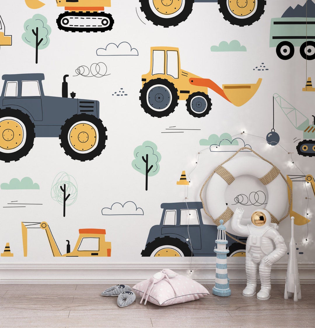 Wallpaper for Boys With Excavators and Cranes, Nursery Wall Mural, Peel ...