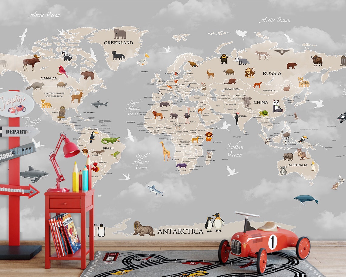 Kids World Map Animal Wallpaper: Peel Stick Gray, Kids Bedroom Nursery ...