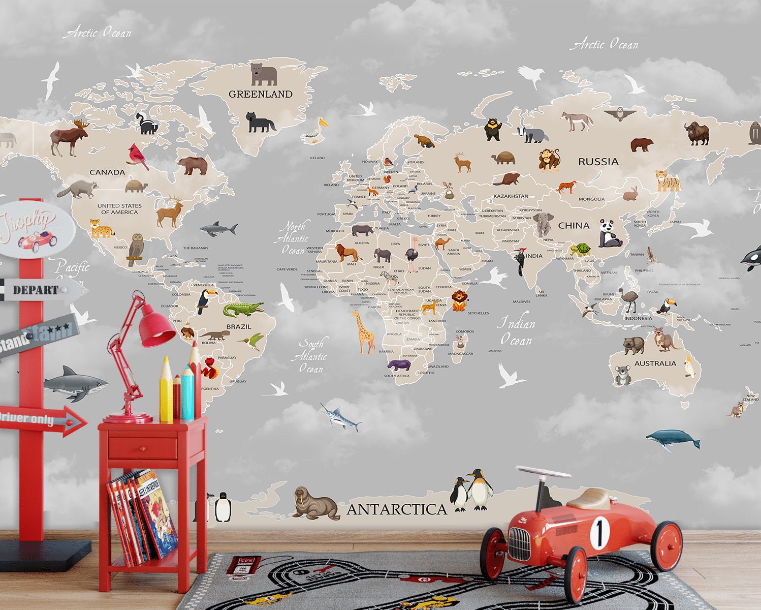Kids World Map Animal Wallpaper: Peel Stick Gray, Kids Bedroom Nursery ...