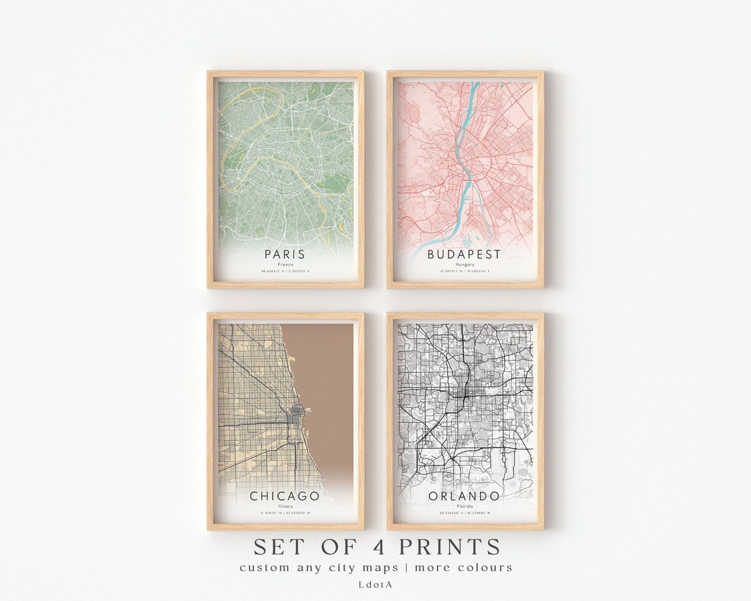 Set of 4 City Map Prints, Personalized City Posters, Custom Hometown ...