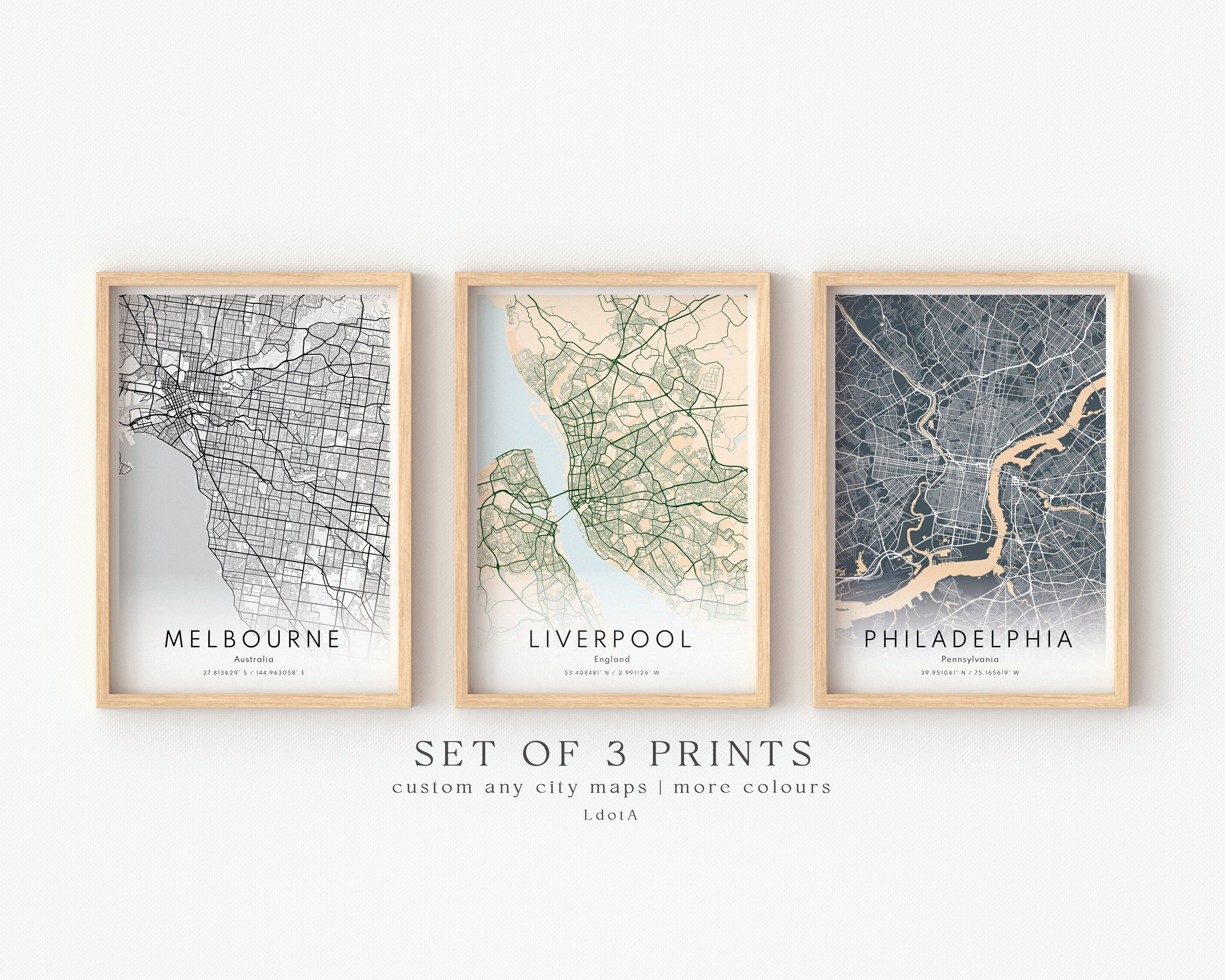 Set of 3 Custom Maps, City Map Prints, Custom Map Print, Custom Any ...
