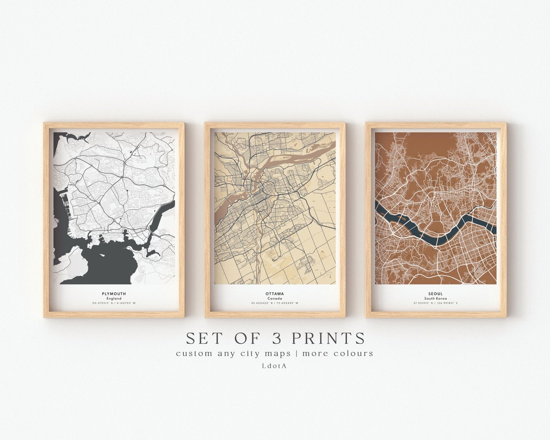 Set of 3 Wall Art Custom City Maps, Unique Travel Gift, City Map ...