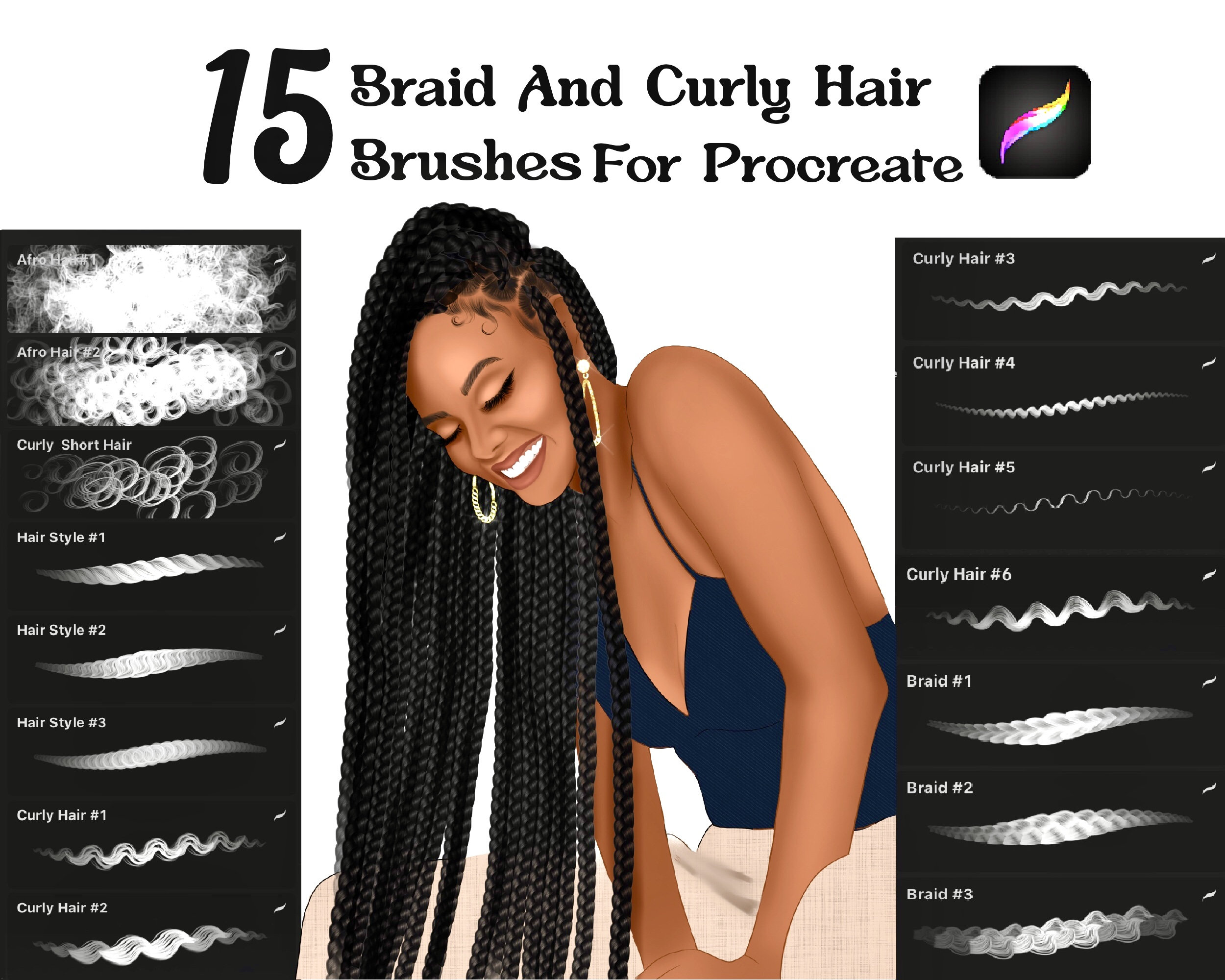 Procreate Brushes,hair Brushes,procreate Hair Brush Set, Curly Hair ...